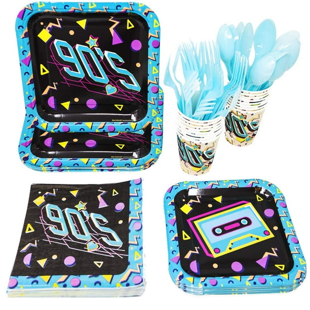 90s Party Supplies (113+ Pieces for 16 Guests), Neon Retro Party Plates ...