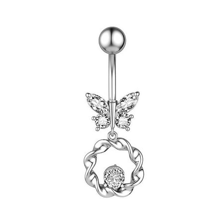 1 Pcs Stainless Steel Butterfly Crystal Curvy Belly Navel Ring Piercing ...