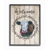 Stupell Industries Welcome Sign Painted Cow with Flower Wreath Framed ...