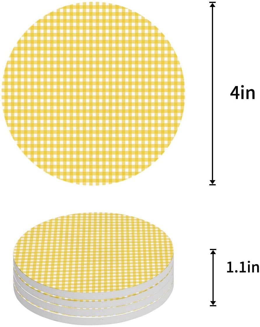 ZHANZZK Yellow Check Plaid Grid Set of 4 Round Coaster for Drinks ...