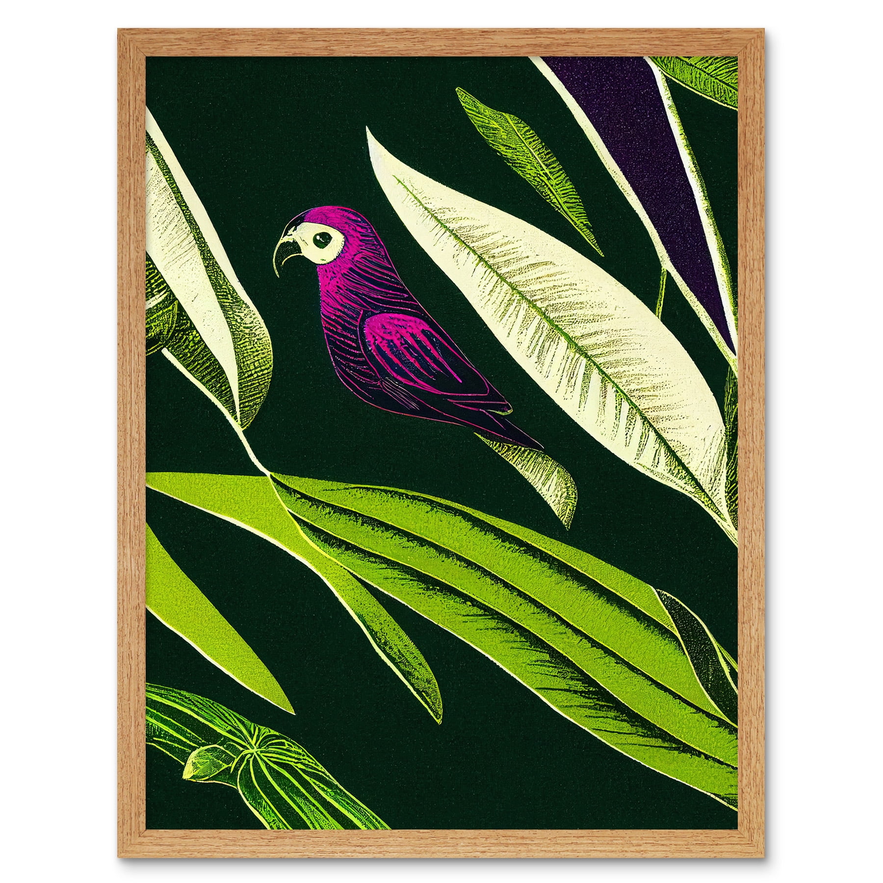 Pink Parrot and Tropical Plant Leaves Vintage Linocut Pattern Detail ...