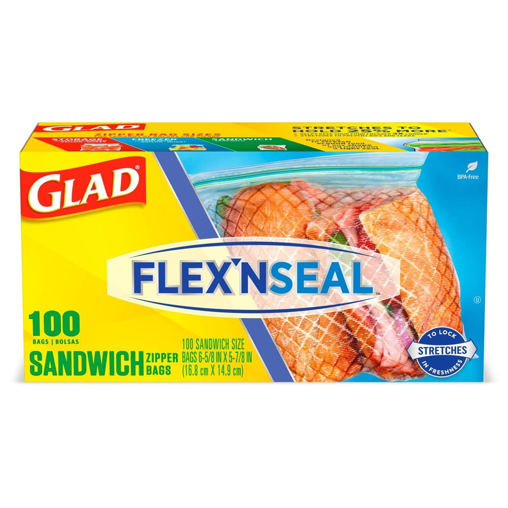 Glad FLEX'NSEAL Zipper Food Storage Sandwich Bags, 100 Count (Pack of 3 ...