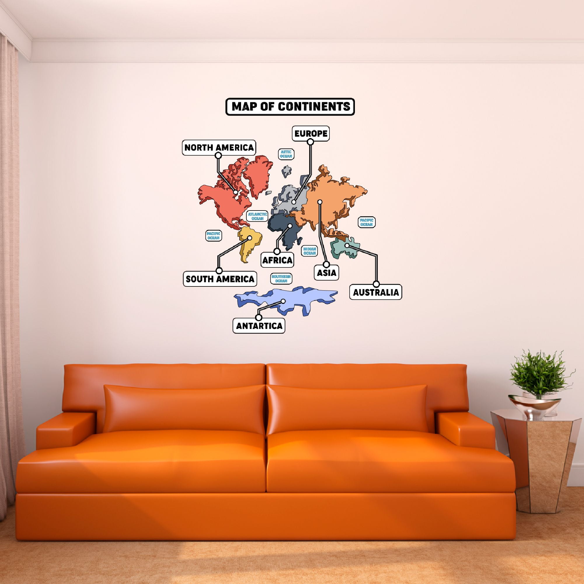 Home Wall Decal - Map of Continents - Vibrant Map Design Cute Colourful ...