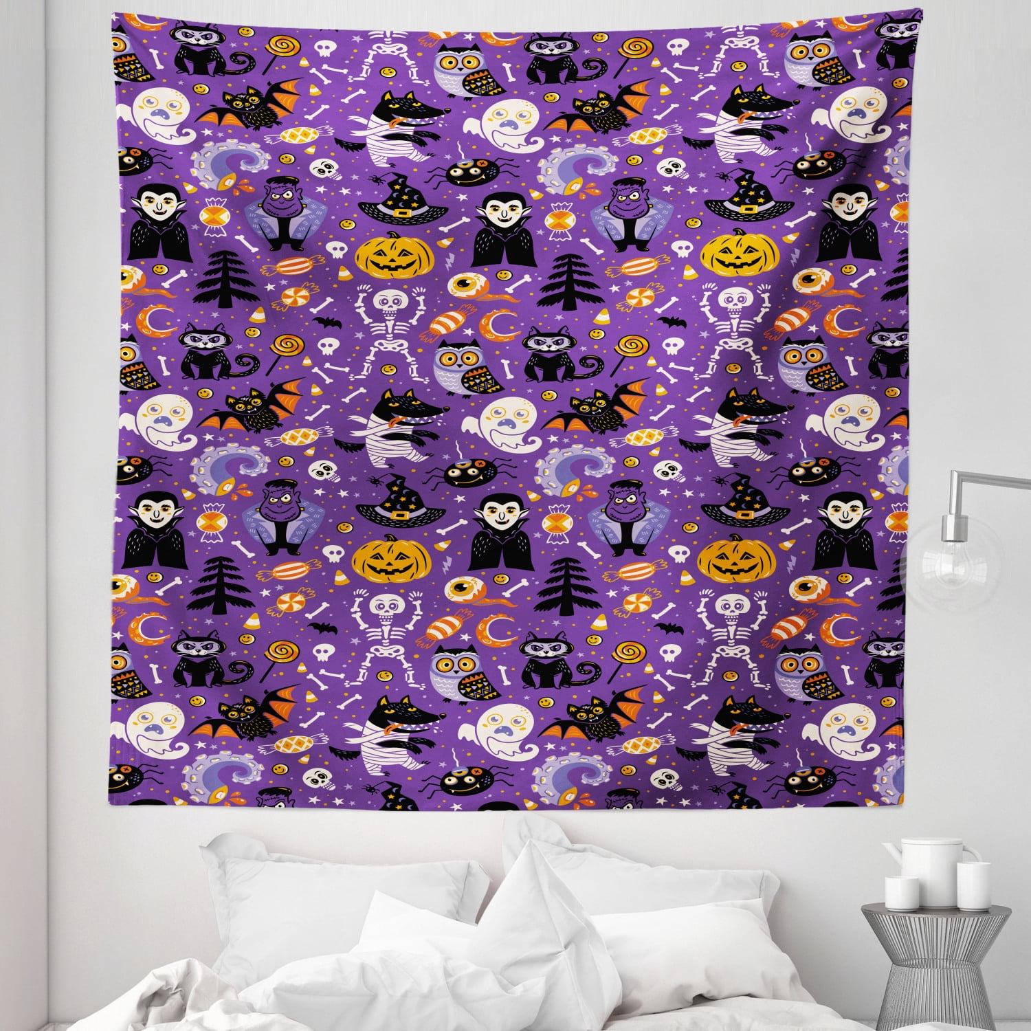 Halloween Tapestry, Cartoon Design Horror Symbols of Vampire Ghost ...