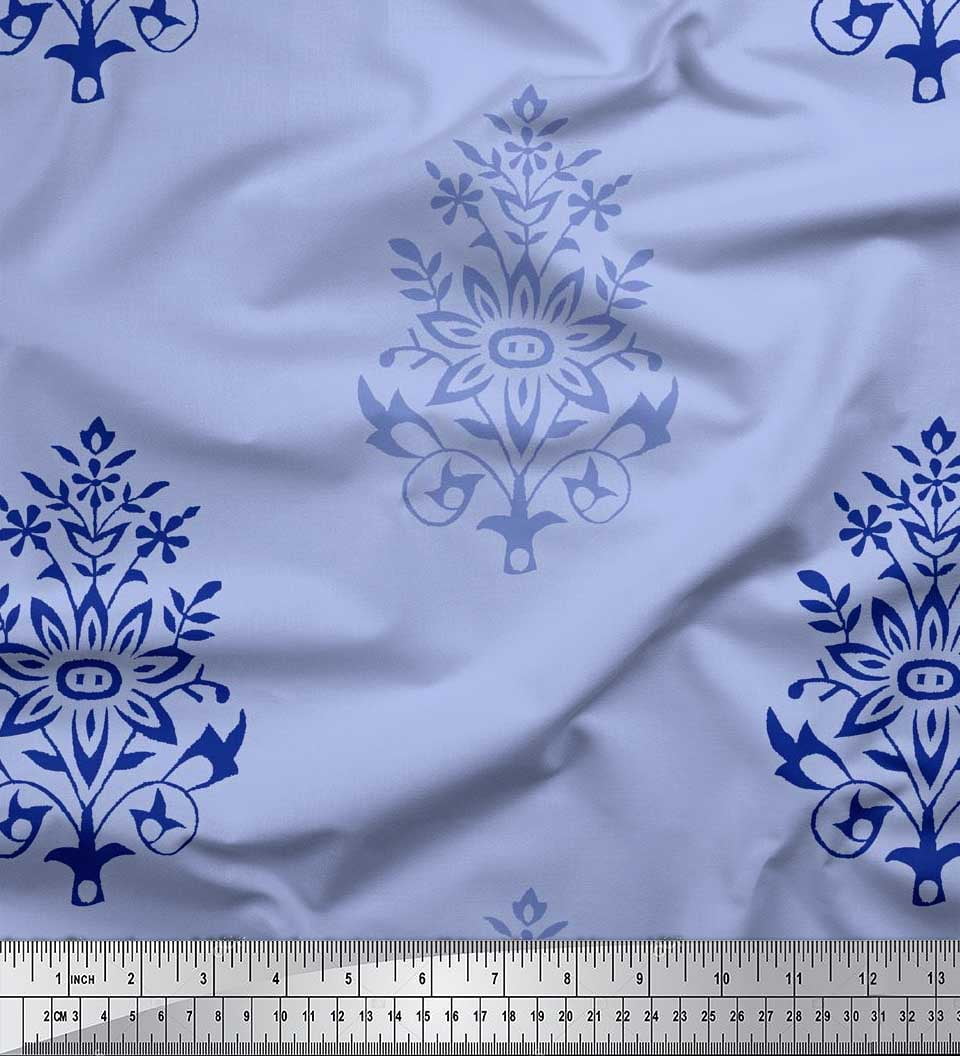 Soimoi Japan Crepe Satin Fabric Leaves & Floral Block Print Fabric by ...
