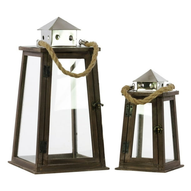 94639 Wood Square Lantern With Chrome Silver Metal Top - Walmart.com