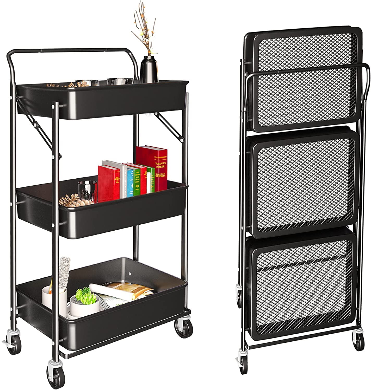 3 Tier Rolling Cart With Wheels Foldable Metal Organizer Storage