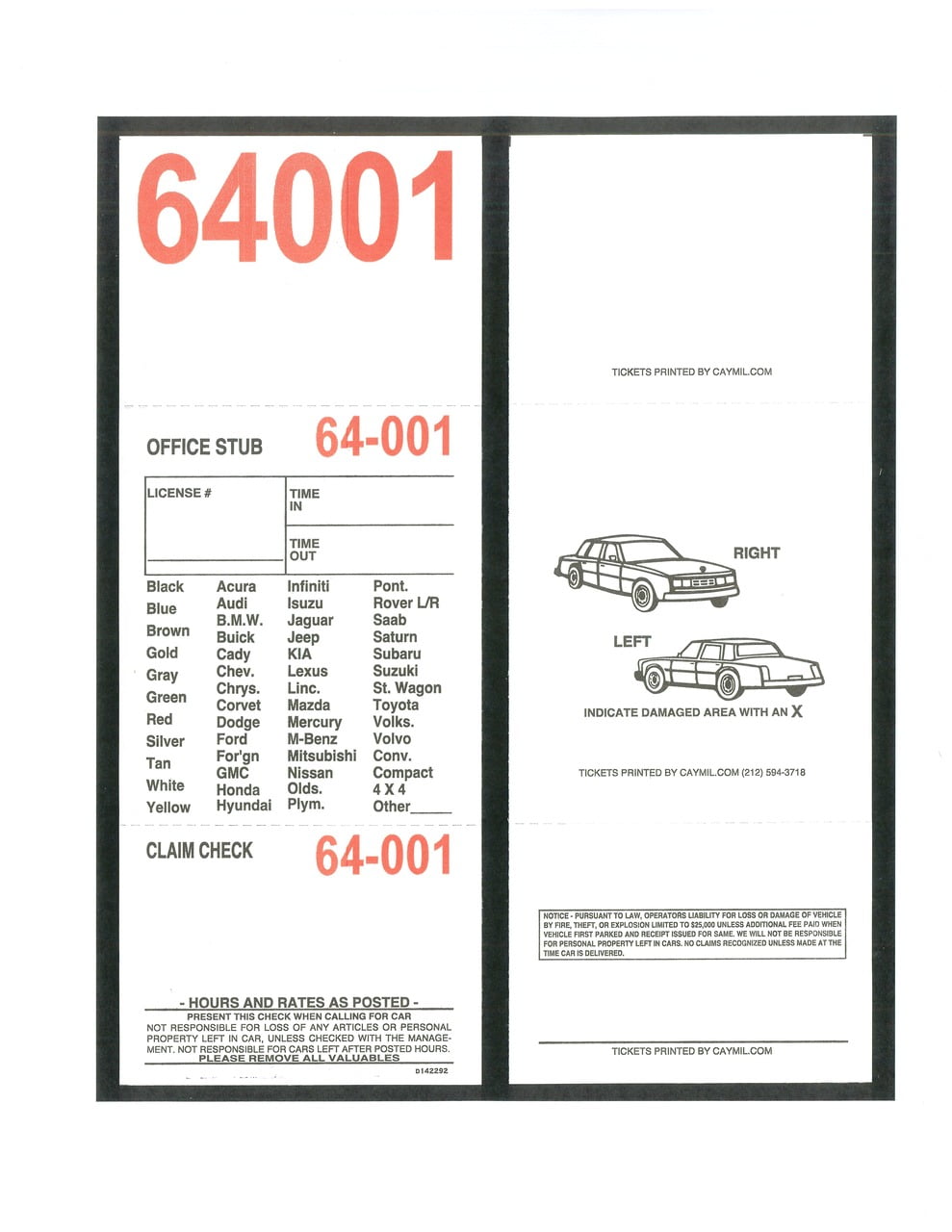 Valet Parking Tickets 3-Part 1,000 with Free Parking Receipts (Various ...