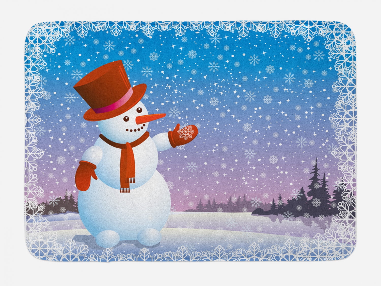Snowman Bath Mat, Cartoon Happy Snowman Looking at the Snowflake Icy ...