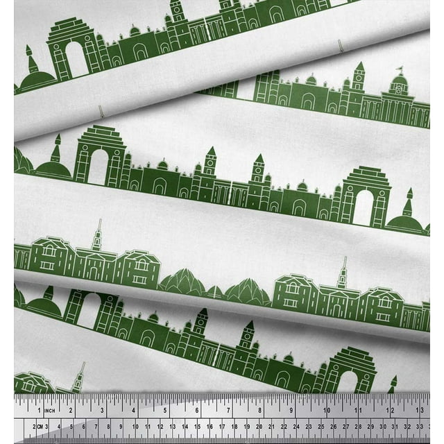 Soimoi Green Satin Silk Fabric Indian Monuments Architectural Print ...