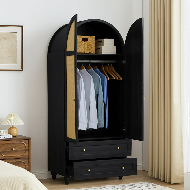 Phoyal Modern 31.49 inch Arch Armoire Wardrobe with 2 Rattan Doors Freestanding Closet Cabinet with 2 Drawers and Hanging Rail for Bedroom Black