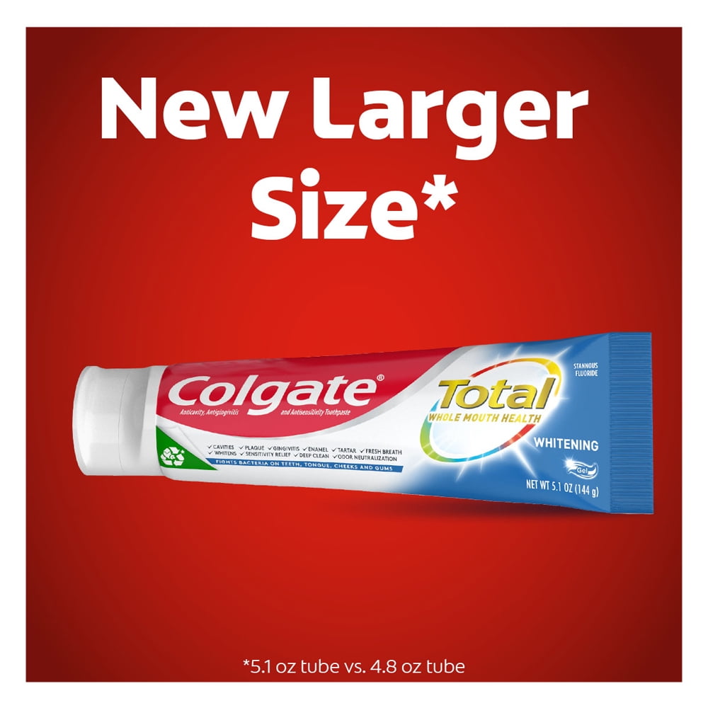 Colgate Total Teeth Whitening Toothpaste Gel, Mint Toothpaste, 5.1 Oz Tube, 2 Pack