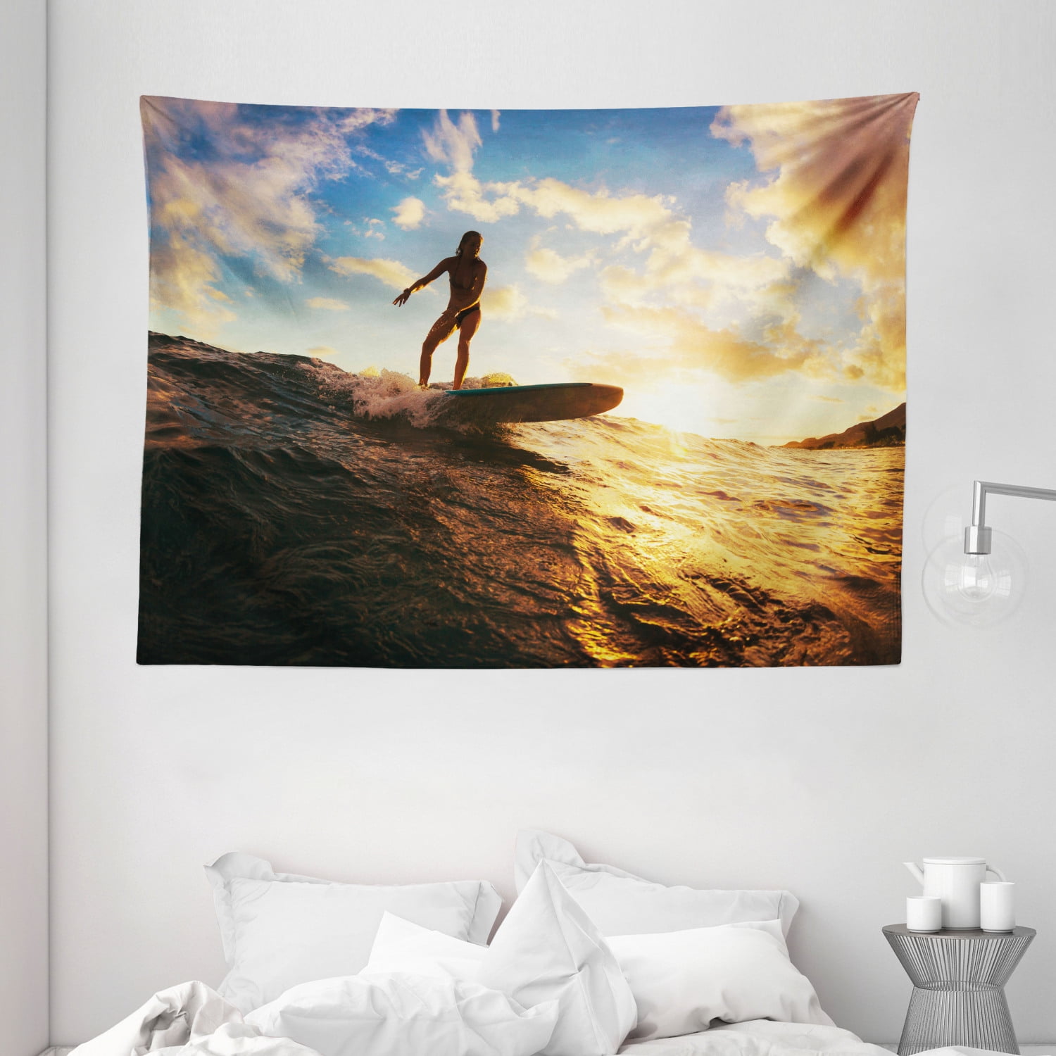 Ride The Wave Tapestry, Sunset Surf in the Ocean Young Woman under ...