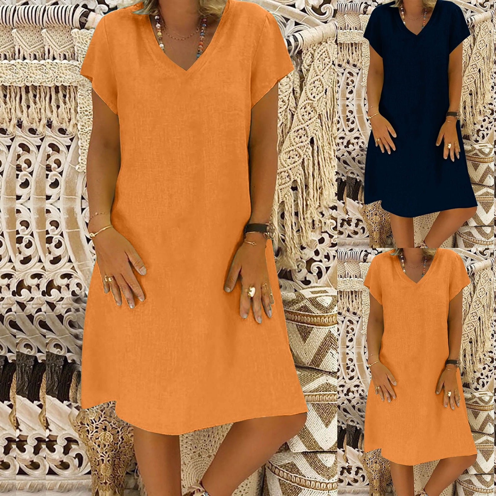 Meichang Linen Dress For Women Summer V Neck Short Sleeve Knee Length Dresses Casual Loose Fit Beach Tshirt Dresses Plus Size Midi Dress