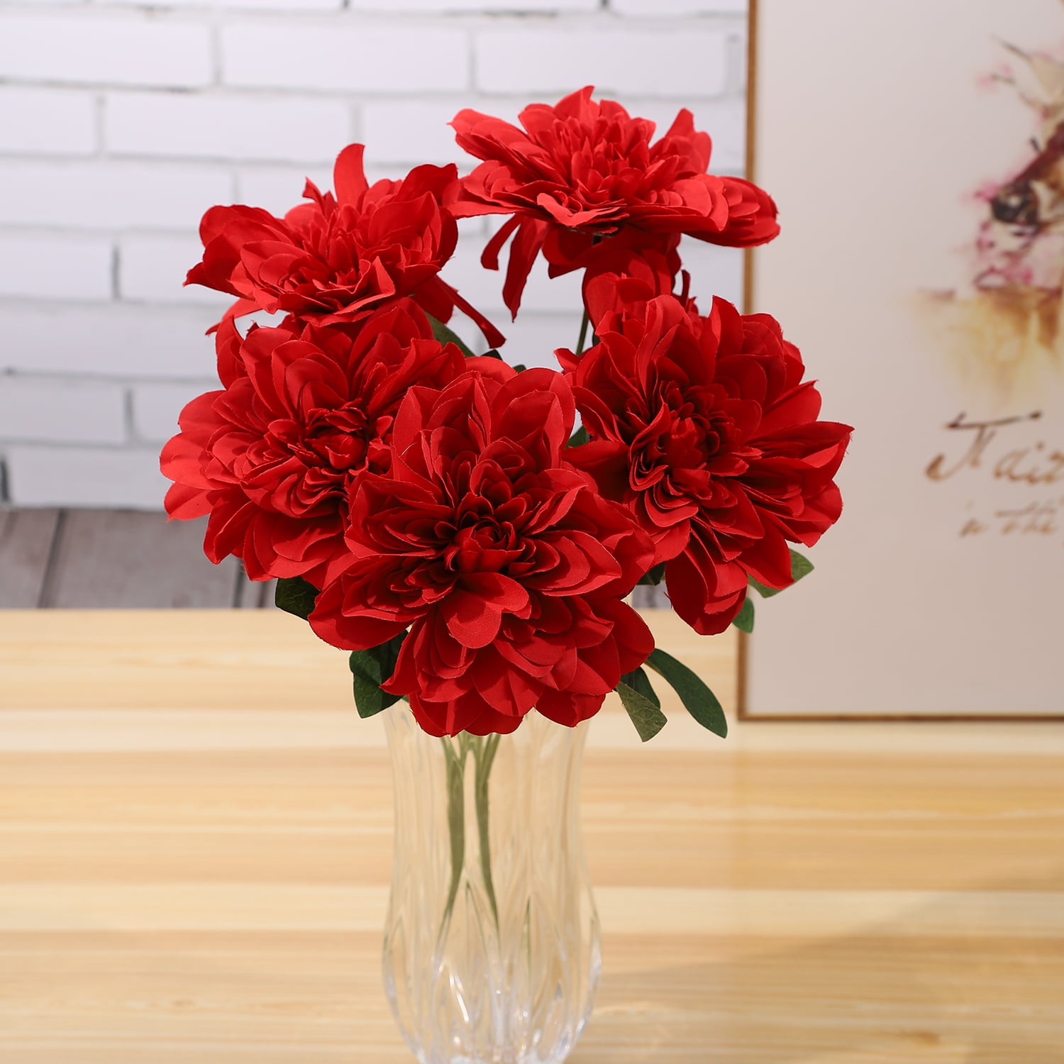 Flores artificiales de Dalia grande, 6 cabezas en color rojo intenso ...