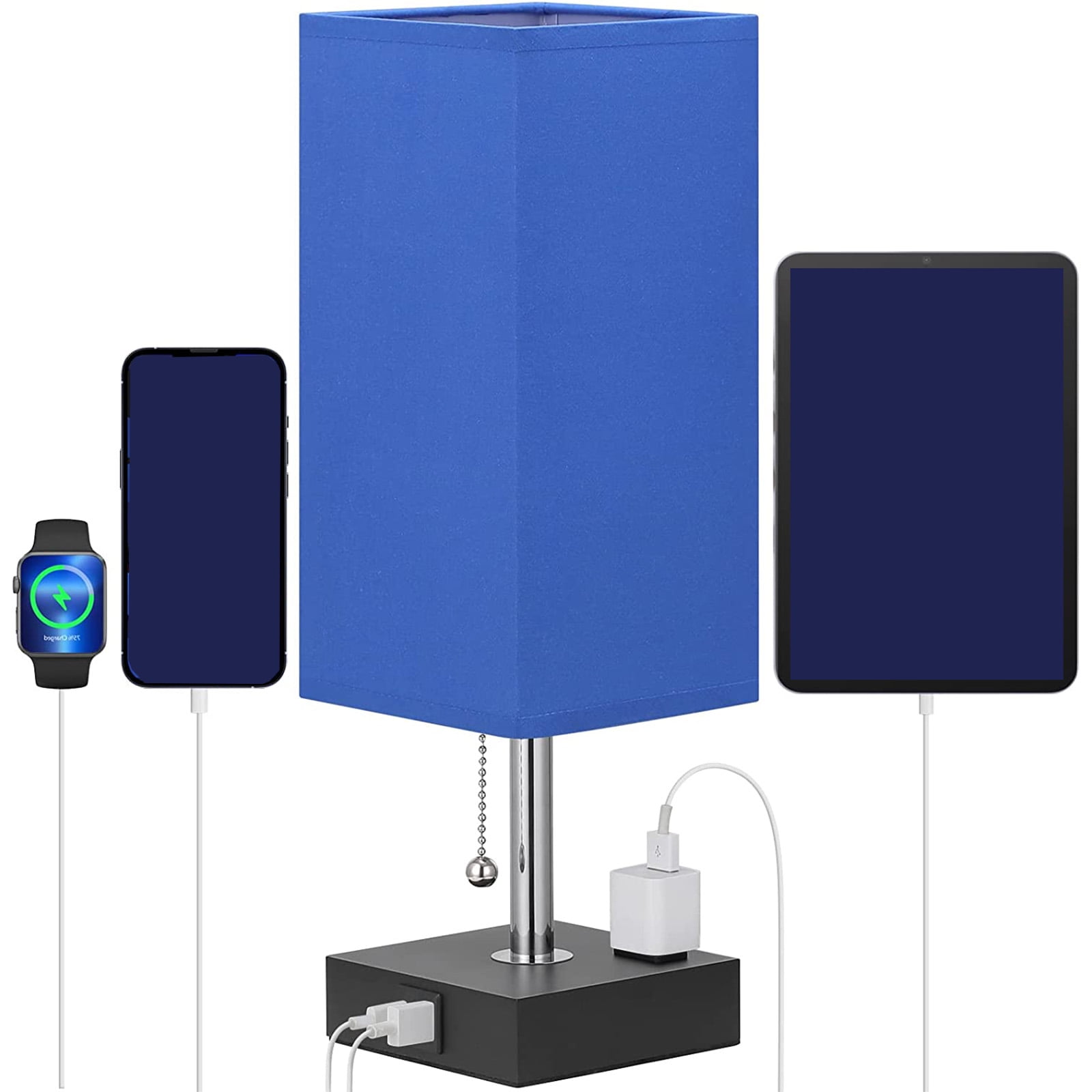 Blue Bedside Lamp USB Port - Table Lamp with USB C + A Charging Port ...