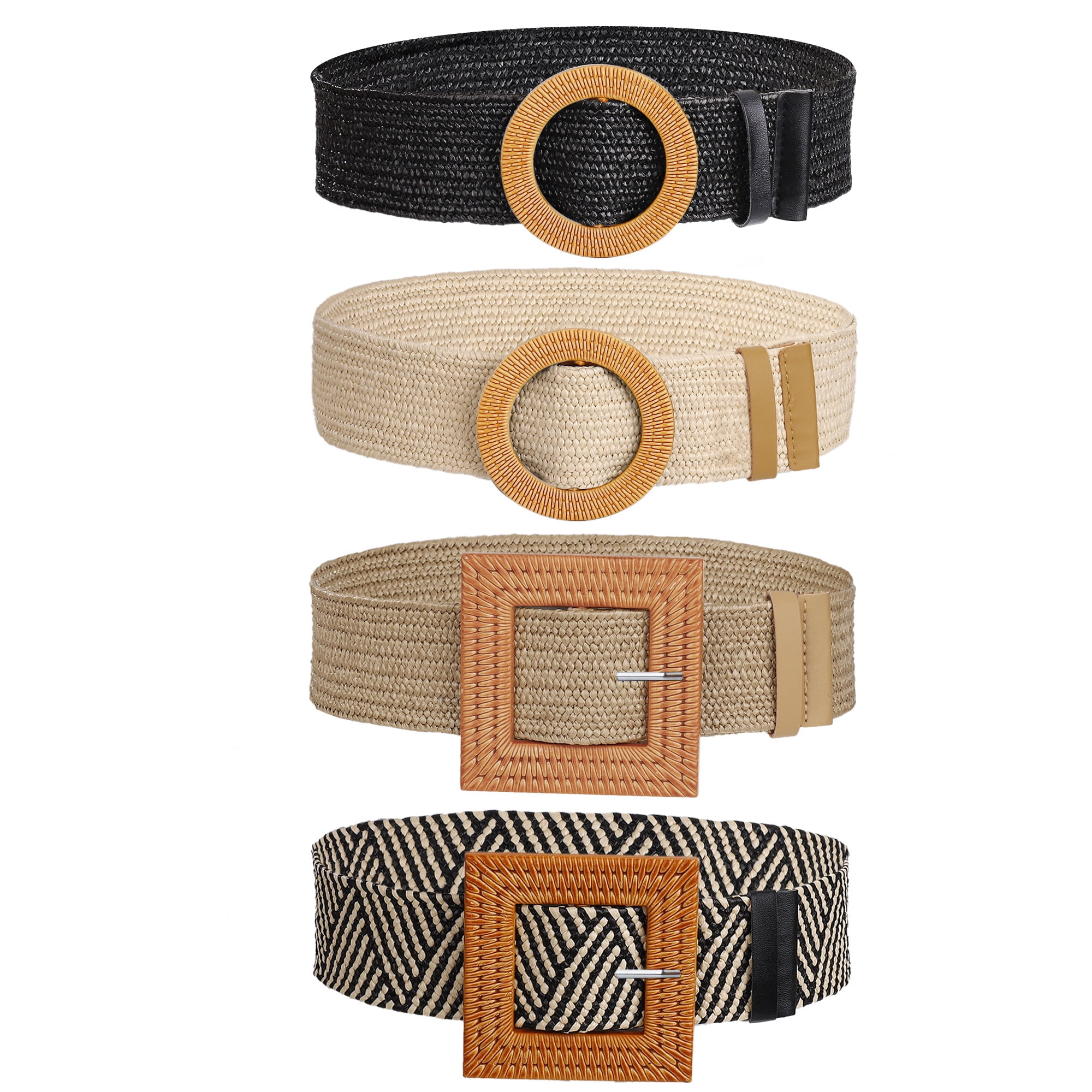 ISIYINER 4pcs Straw Belts for Women Wooden Braid Buckle Dress Belt ...