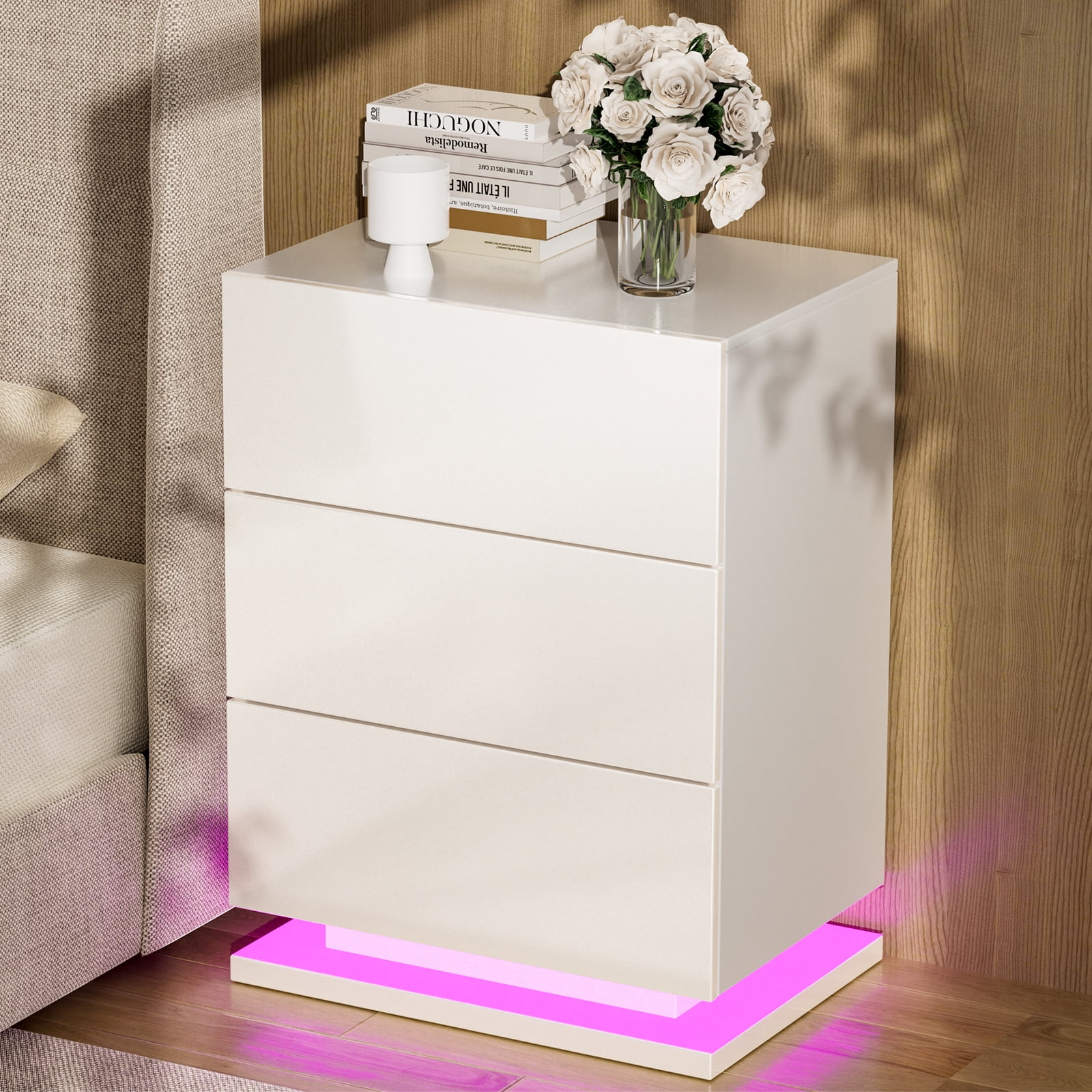 YILQQPER Nightstand with LED Lights and 3 Gloosy Drawers, White Night ...