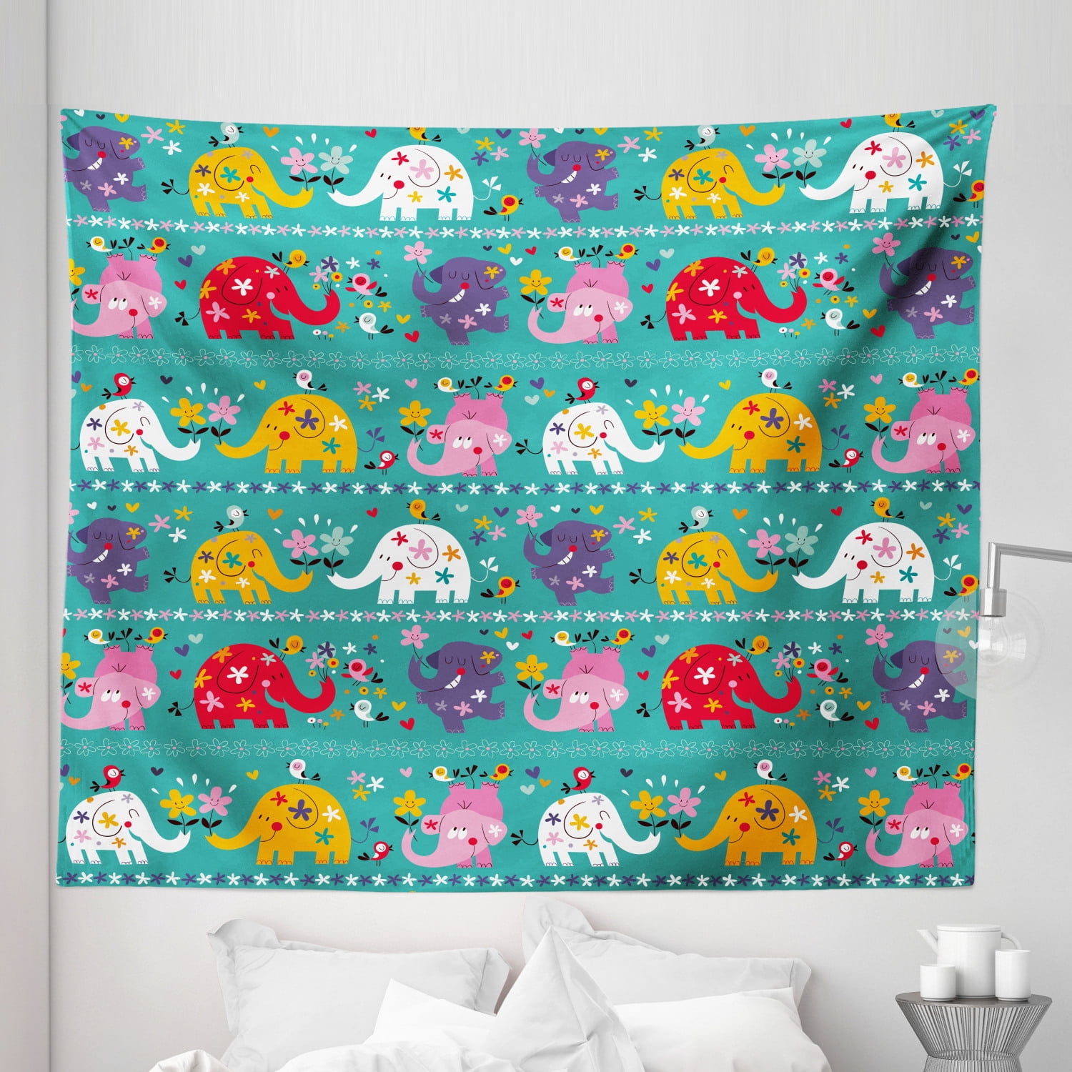 Animal Cartoon Tapestry, Joyful Pattern Colorful Animals Happy Flowers ...