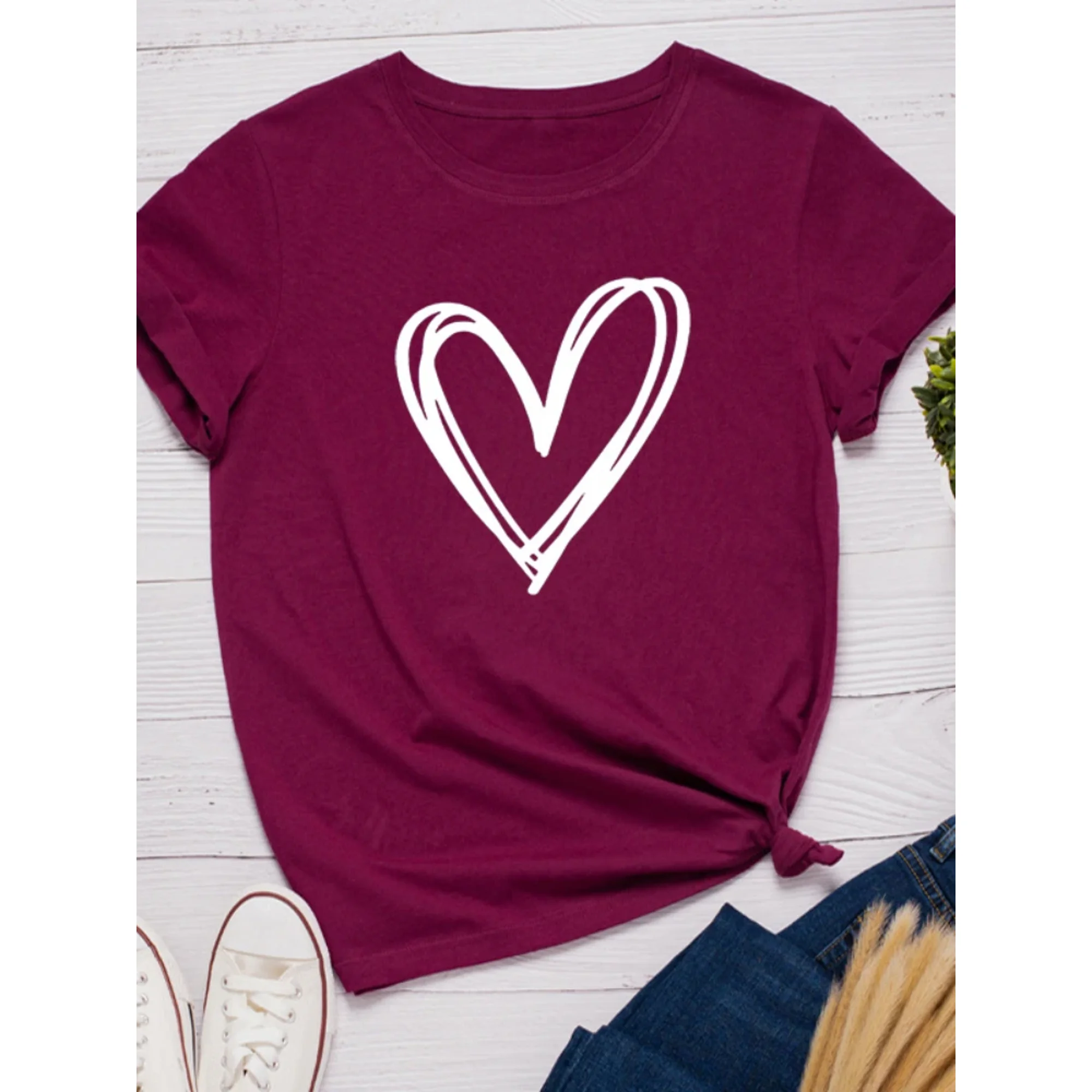 Click here for Unbranded Line Heart Print Women T Shirt Short Sle... prices