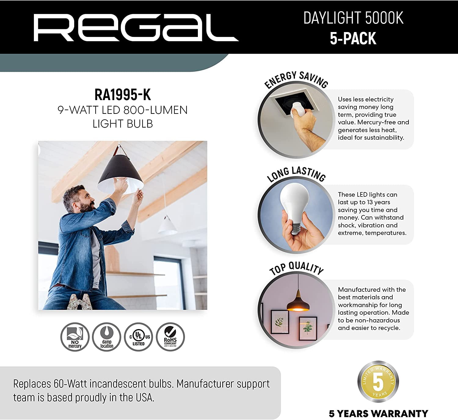 Buy Regal LED A19 Light Bulb 5000K Daylight 800-Lumen, 9-Watt (60-Watt ...