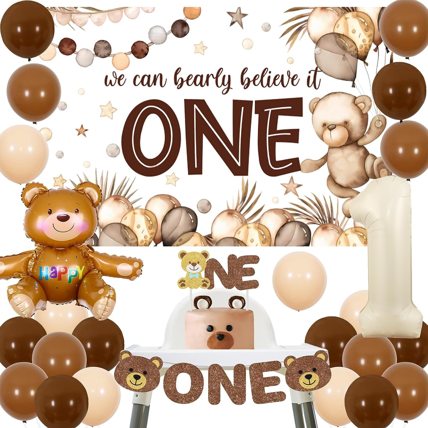 Bear 1st Birthday Decorations Bear Backdrop Brown Balloons High Chair ...