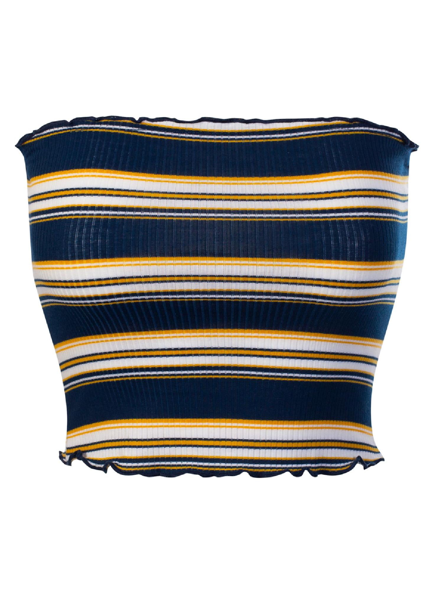 MixMatchy Women's Striped Print Ruffled Edge Ribbed Knit Crop Tube Top ...
