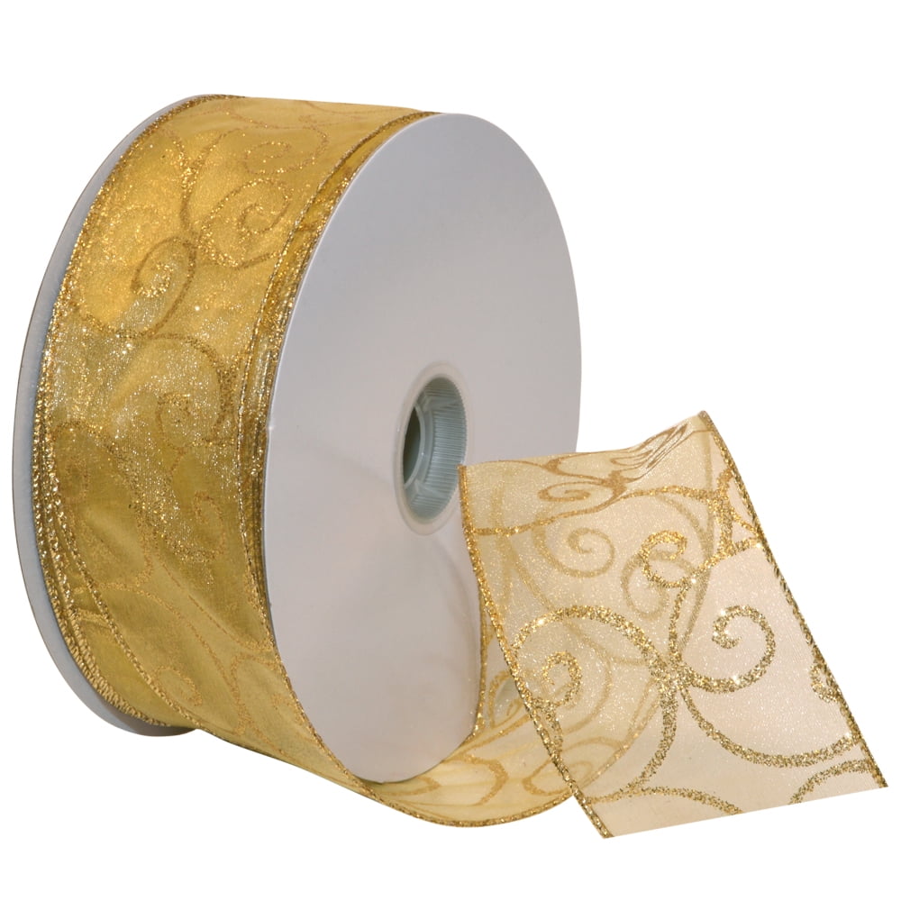 Morex Ribbon, Swirl Wired Sheer Glitter Ribbon, 2-1/2 in x 50 yd, Gold ...