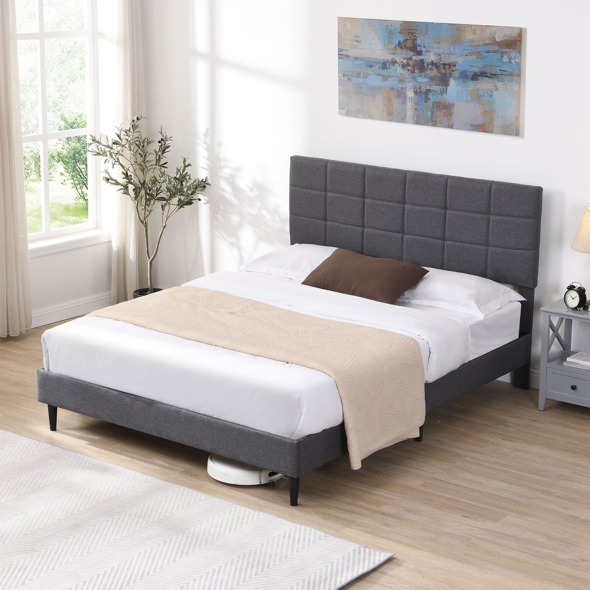 uhomepro Queen Bed Frame, Modern Upholstered Platform Bed with Square ...