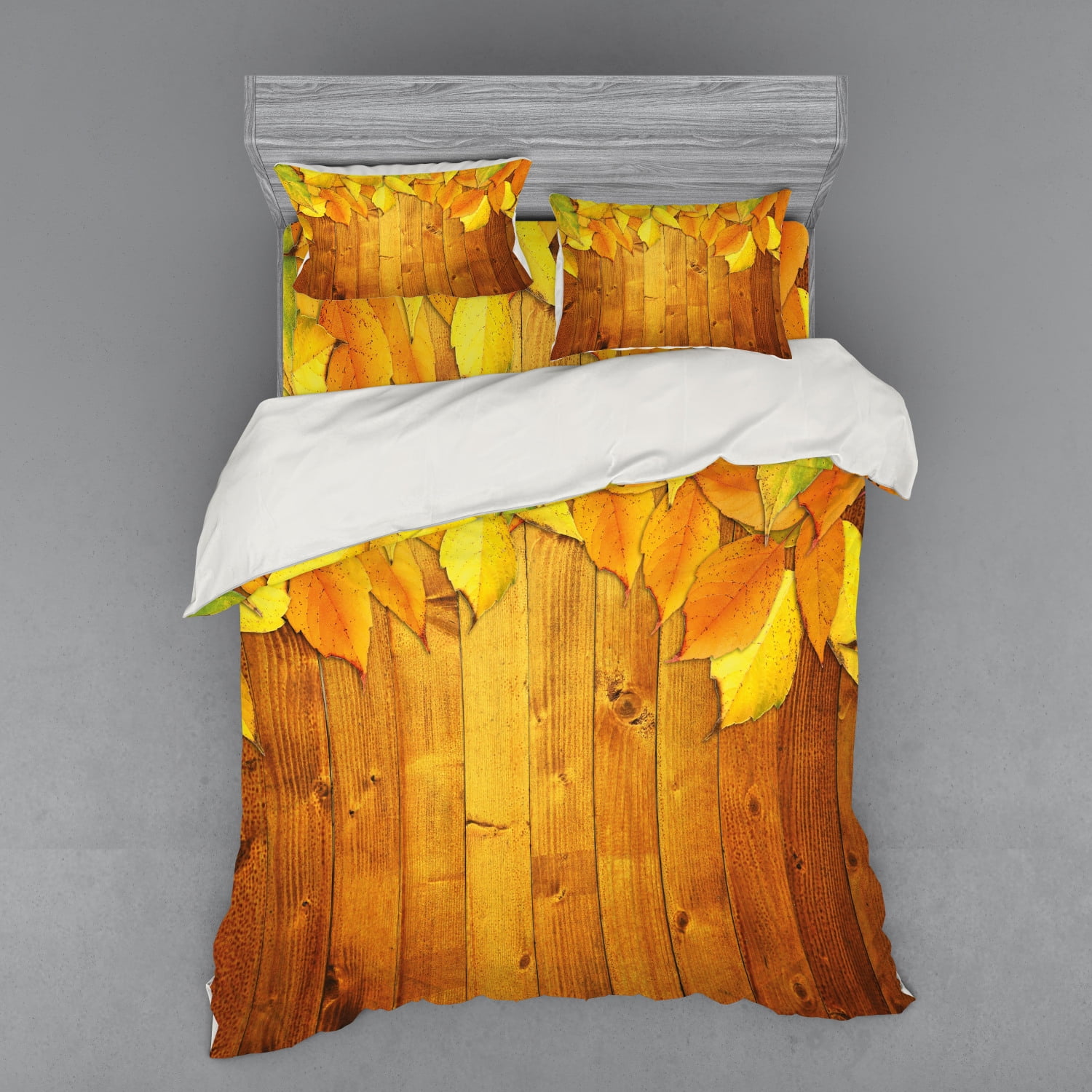 Fall Duvet Cover Set, Colorful Vivid Seasonal Leaves on the Wooden ...