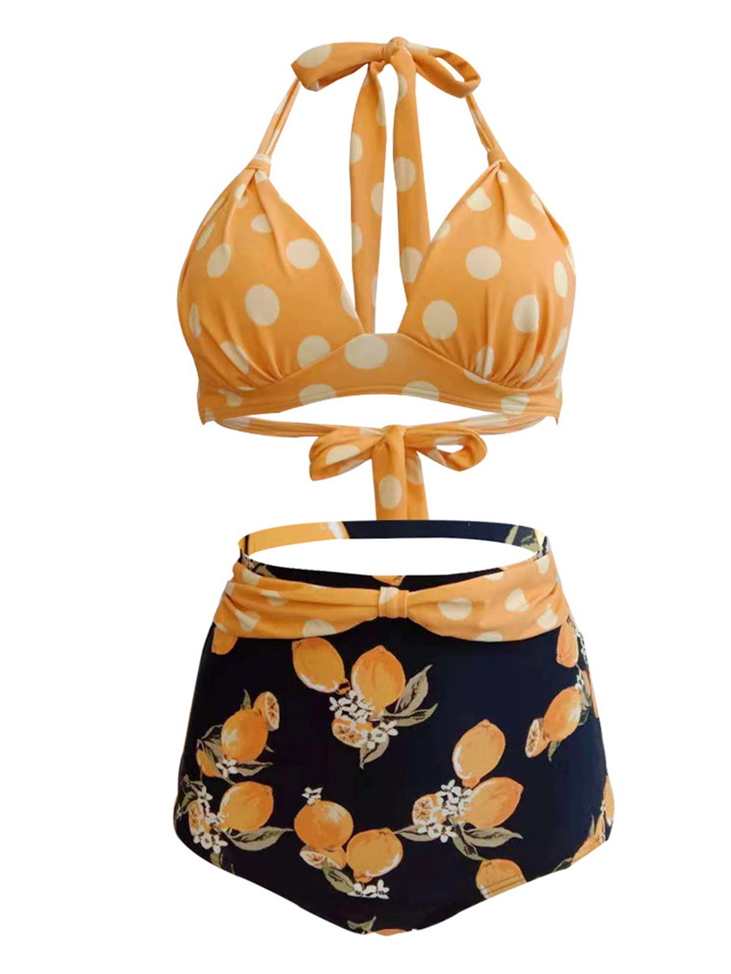 Sexy Dance Women 2 Pcs Swimsuit High Waisted Bathing Suits Yellow Lemon ...
