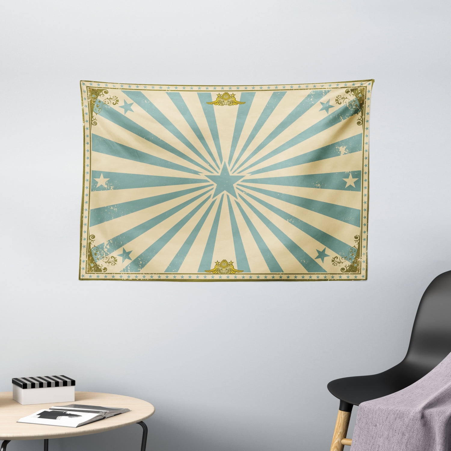 Circus Tapestry, Retro Grungy Texture Frame with Star at Centre and ...