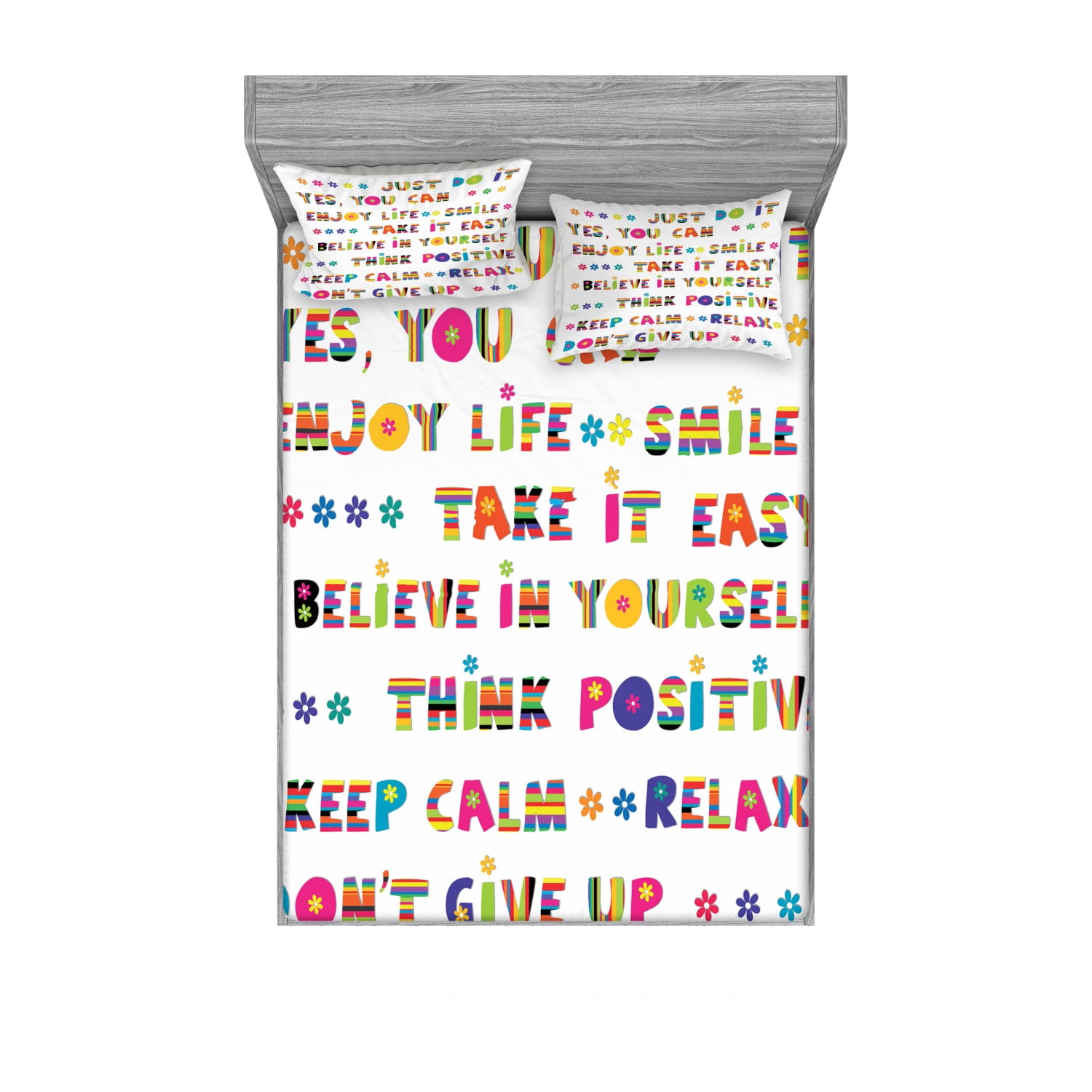 Colorful Bedding Set with Sheet & Covers, Motivational Slogans with ...