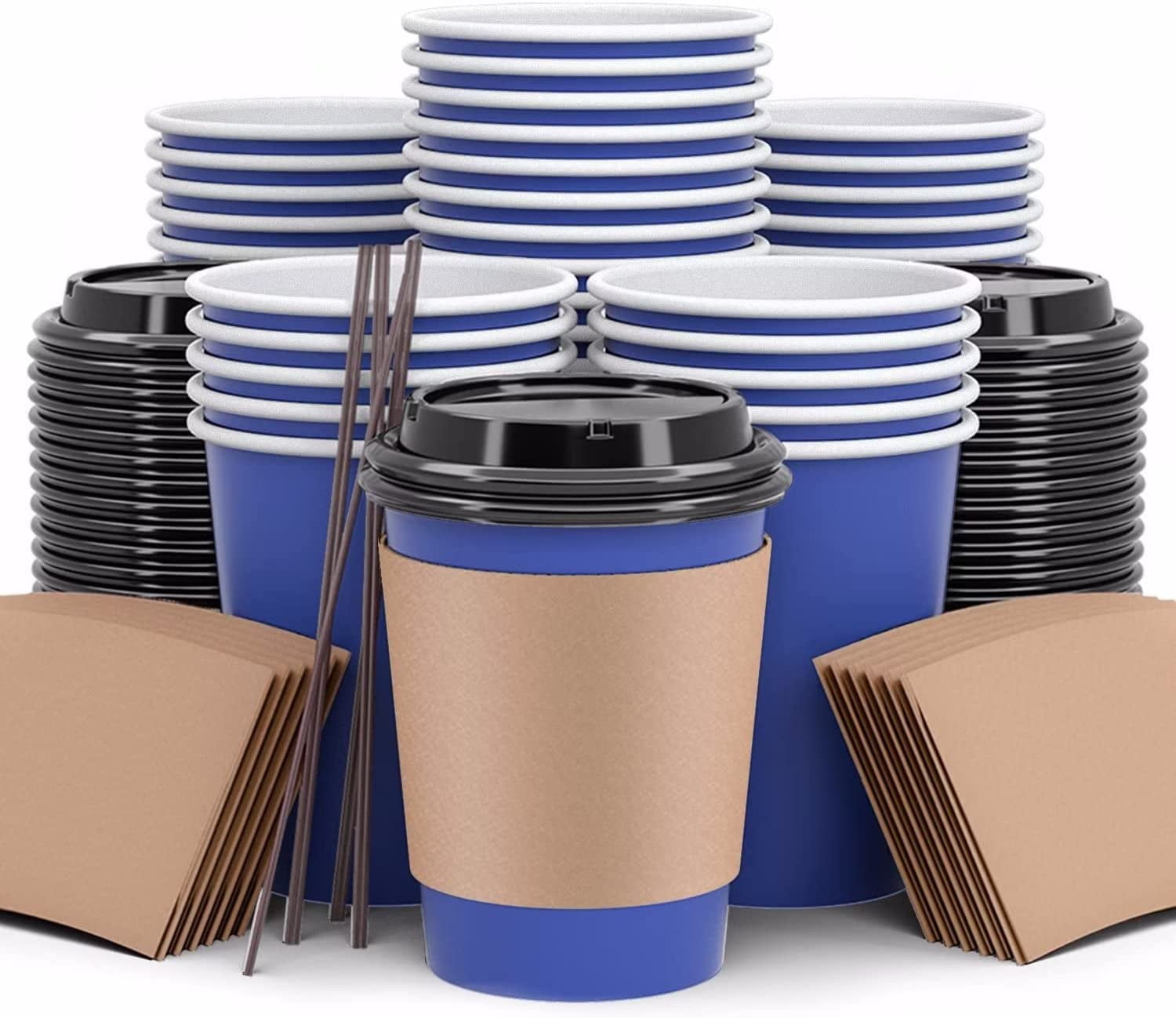 12 OZ Disposable Hot Paper Coffee Cups with Lids Straws and Sleeves ...