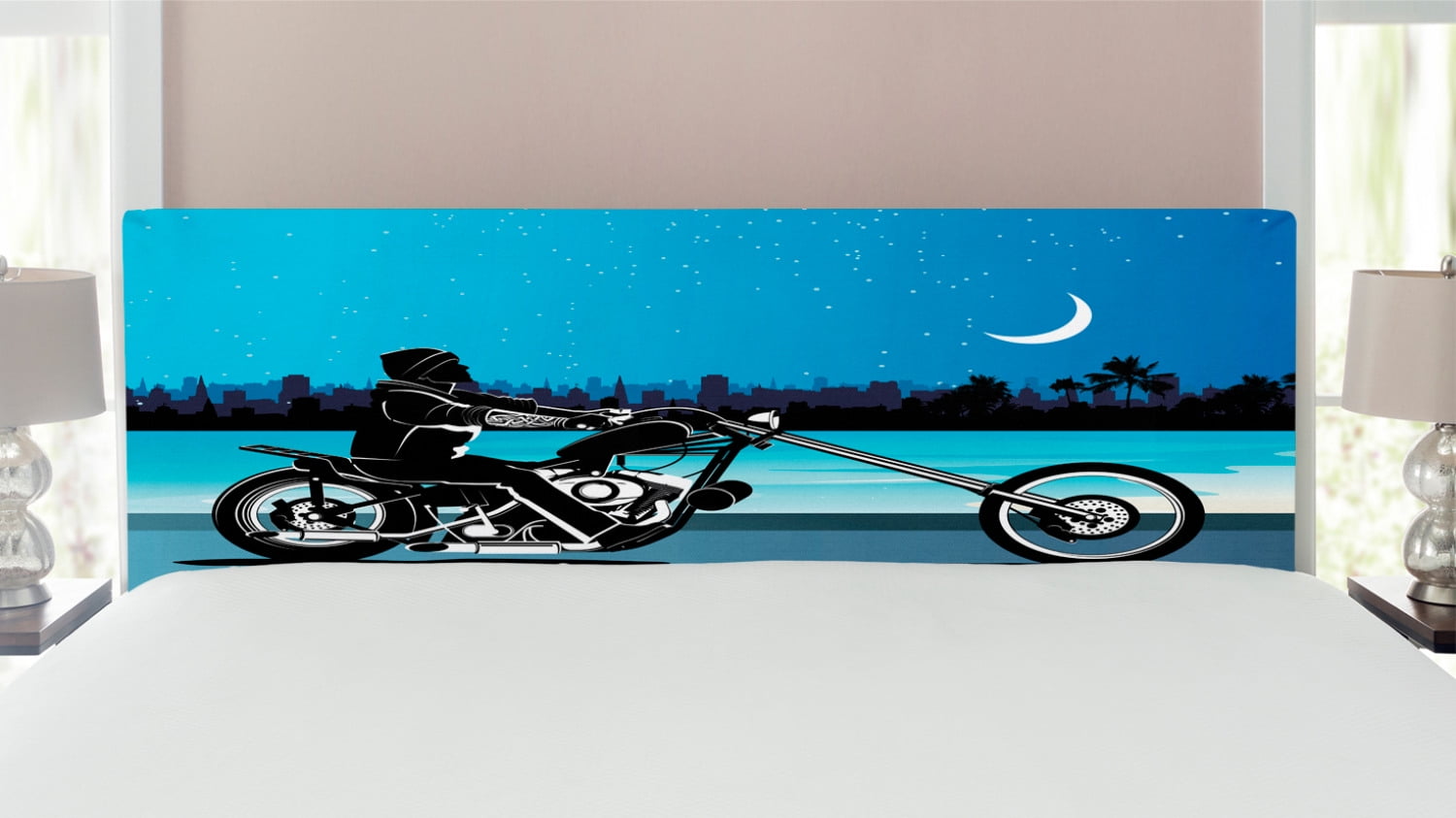 Motorcycle Headboard, Art with Chopper Motorcycle Biker Riding Starry ...