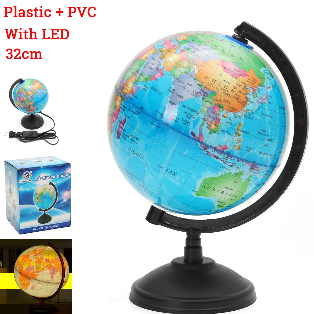 25CM LED World Map Globe Desk Lamp LED Night Light Home Bedroom Office ...
