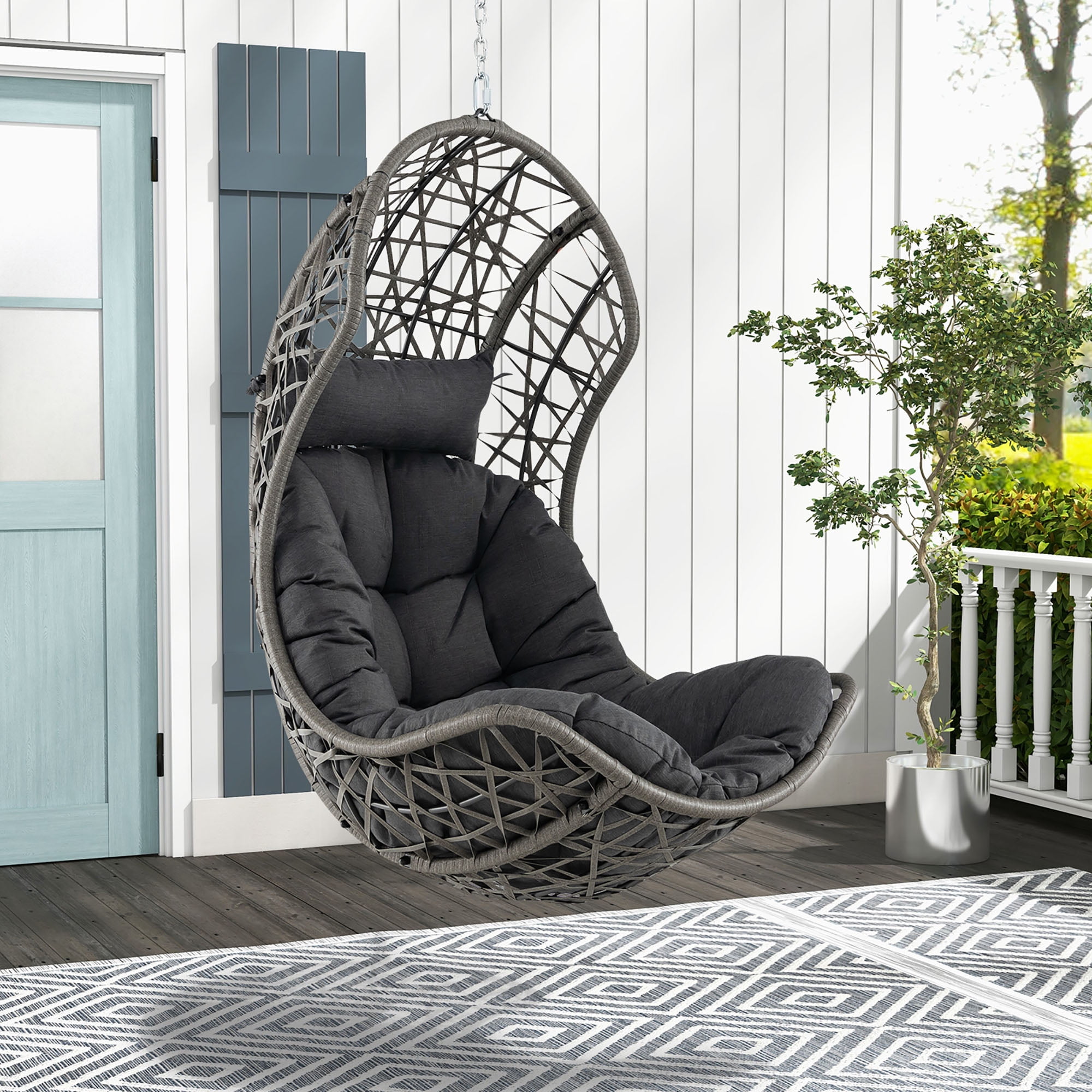 Gymax Hanging Egg Chair PE Rattan Swing Hammock Chair w Soft Pillow Cushion