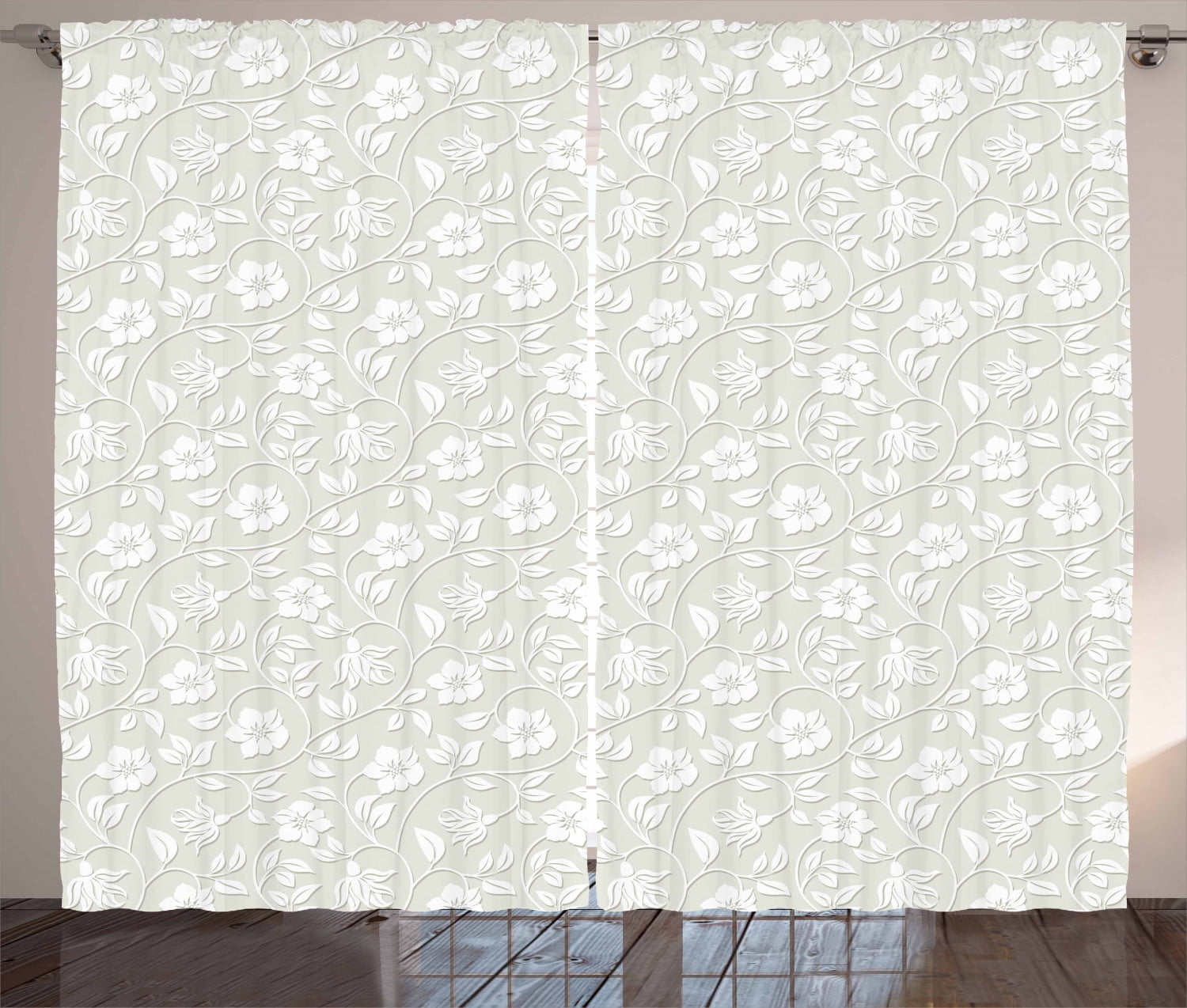 Floral Curtains 2 Panels Set, Ornamental Monochrome Floral Design with ...