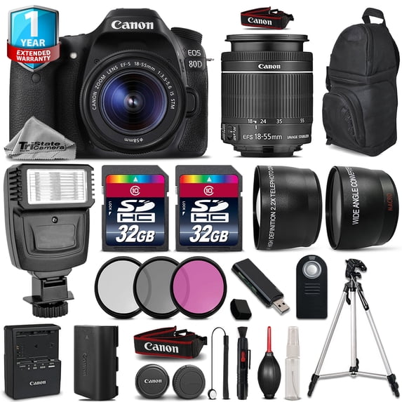 Canon EOS 80D DSLR Camera + 18-55mm IS + Flash + 64GB + Filters + 1yr ...