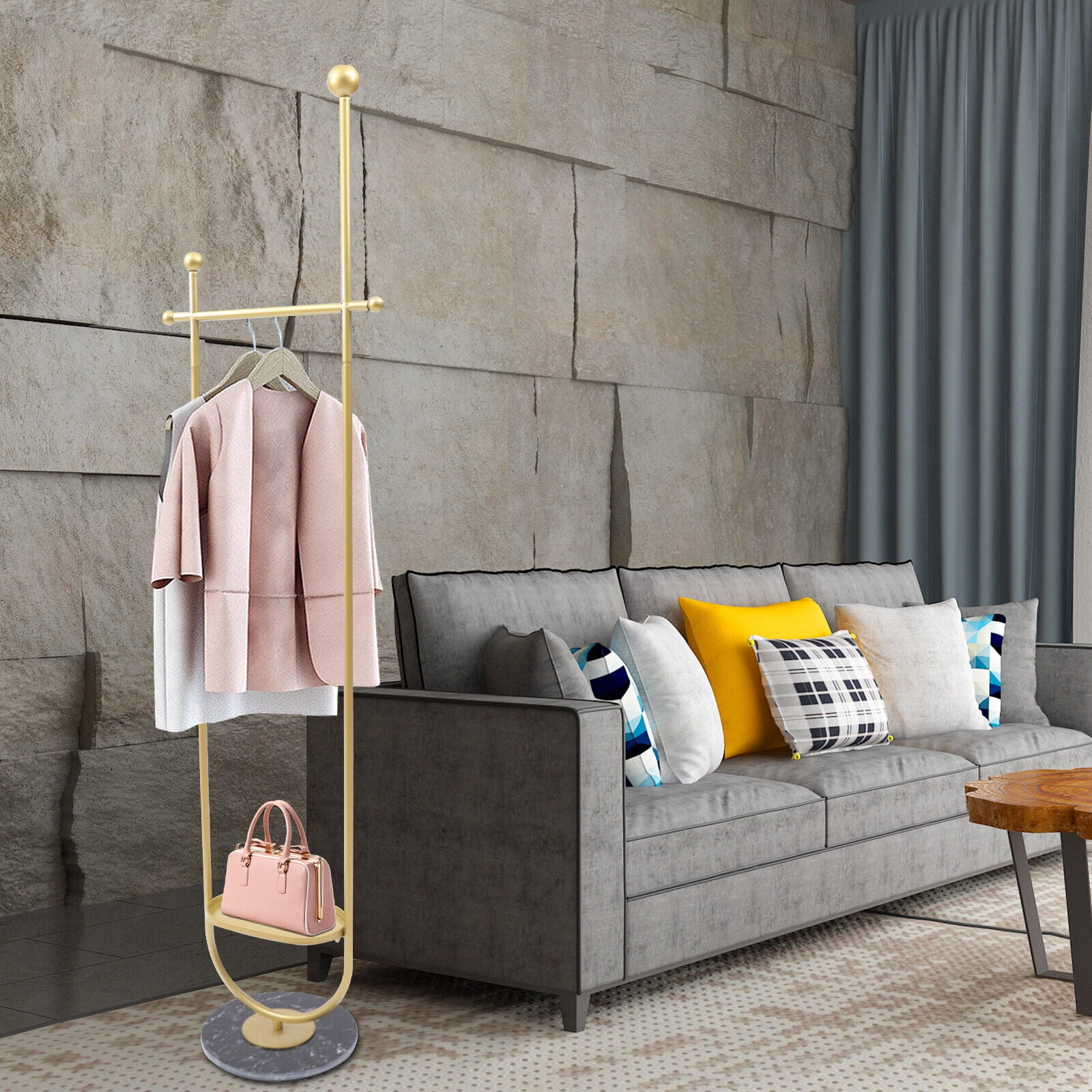 Small Coat Rack Garment Rail Stand Marble Tray Holder Base Hanging Bags ...