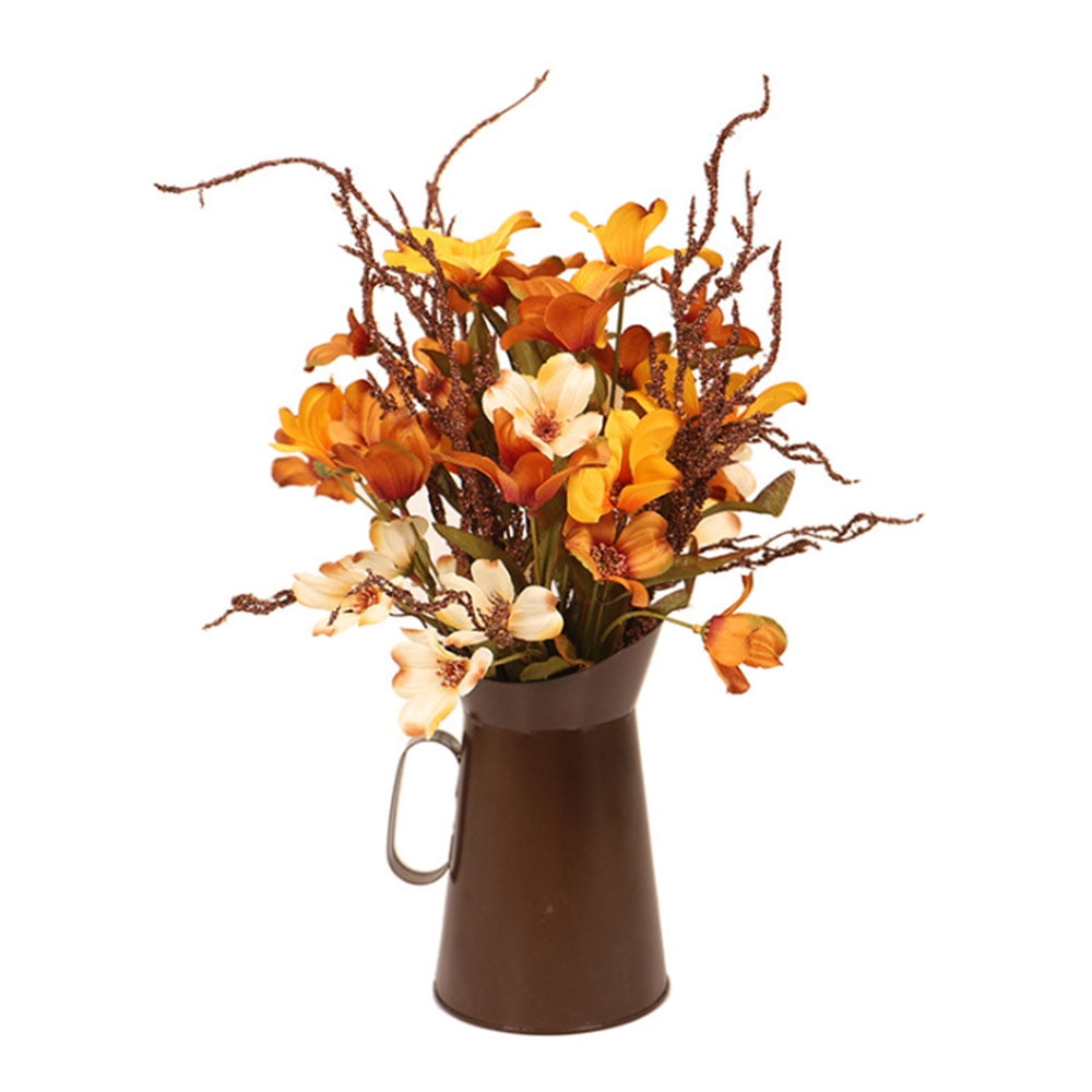 huntermoon Autumn Color Artificial Silk Flowers Bouquet with Iron Vase ...