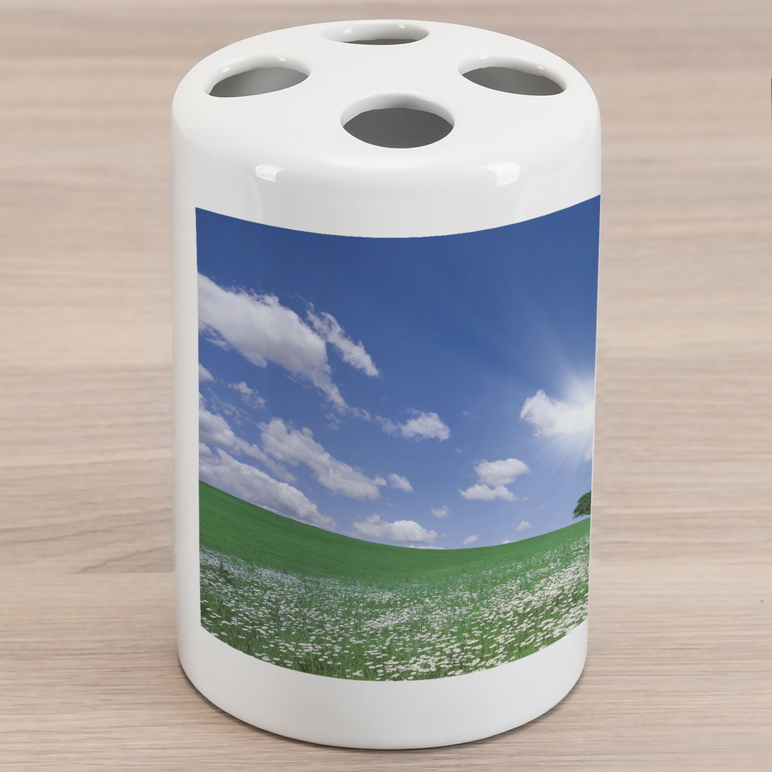 Blue Sky Ceramic Toothbrush Holder, White Flower Field with a Tree Far ...