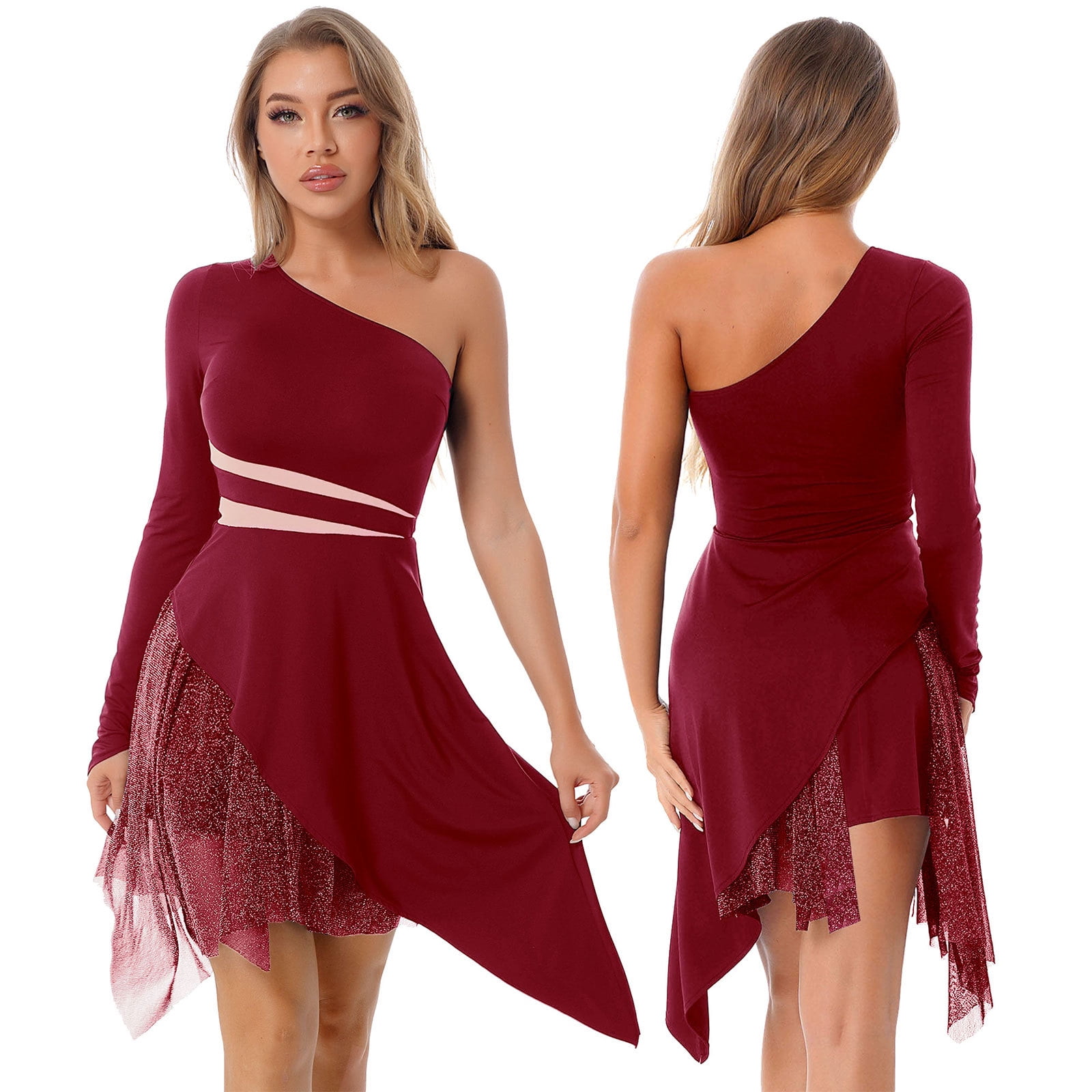iiniim Women Latin Dance Dress One Shoulder Asymmetrical Hem Chacha ...