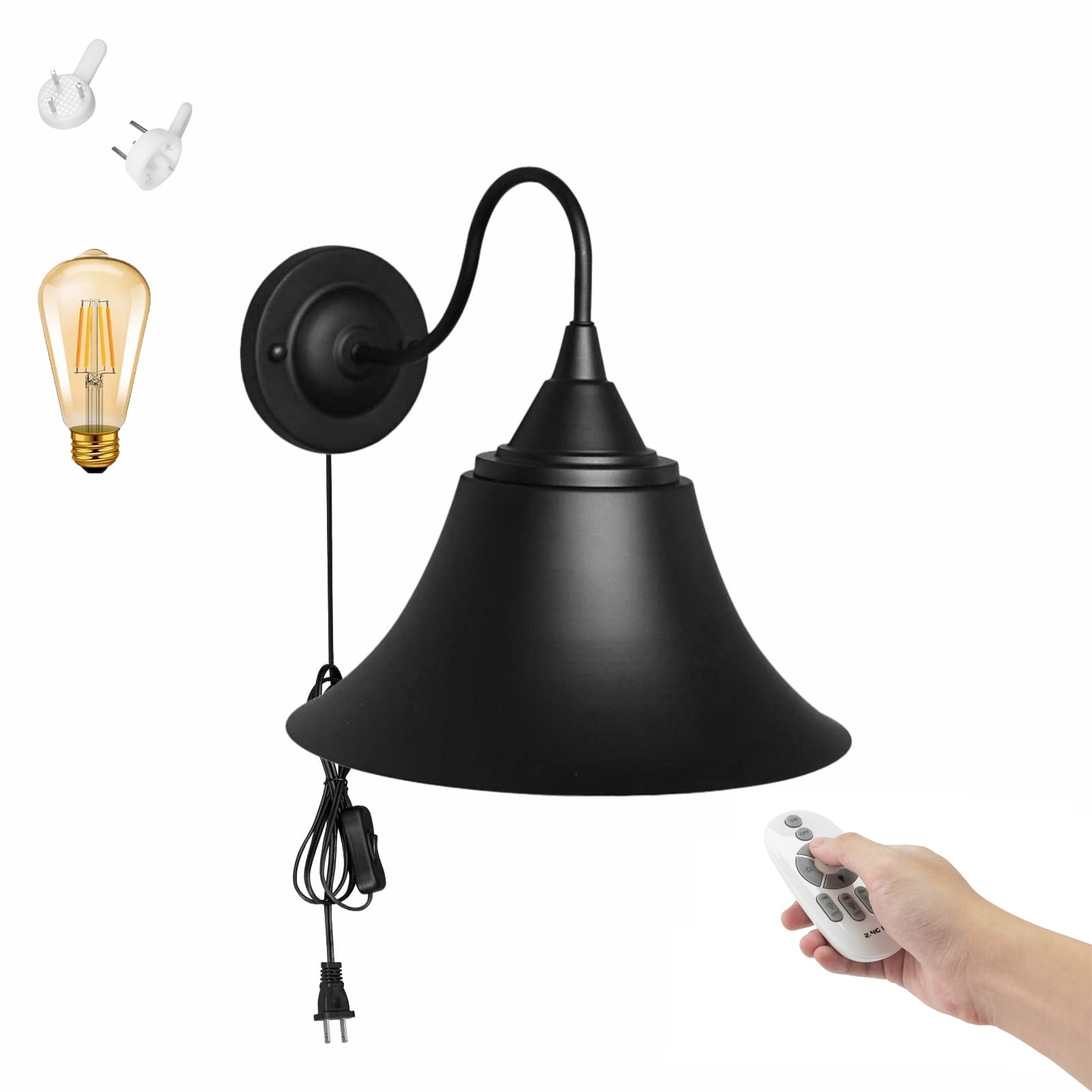 FSLiving Remote Control Wall Lamp with UL 5.9ft Black Plug-in Button ...
