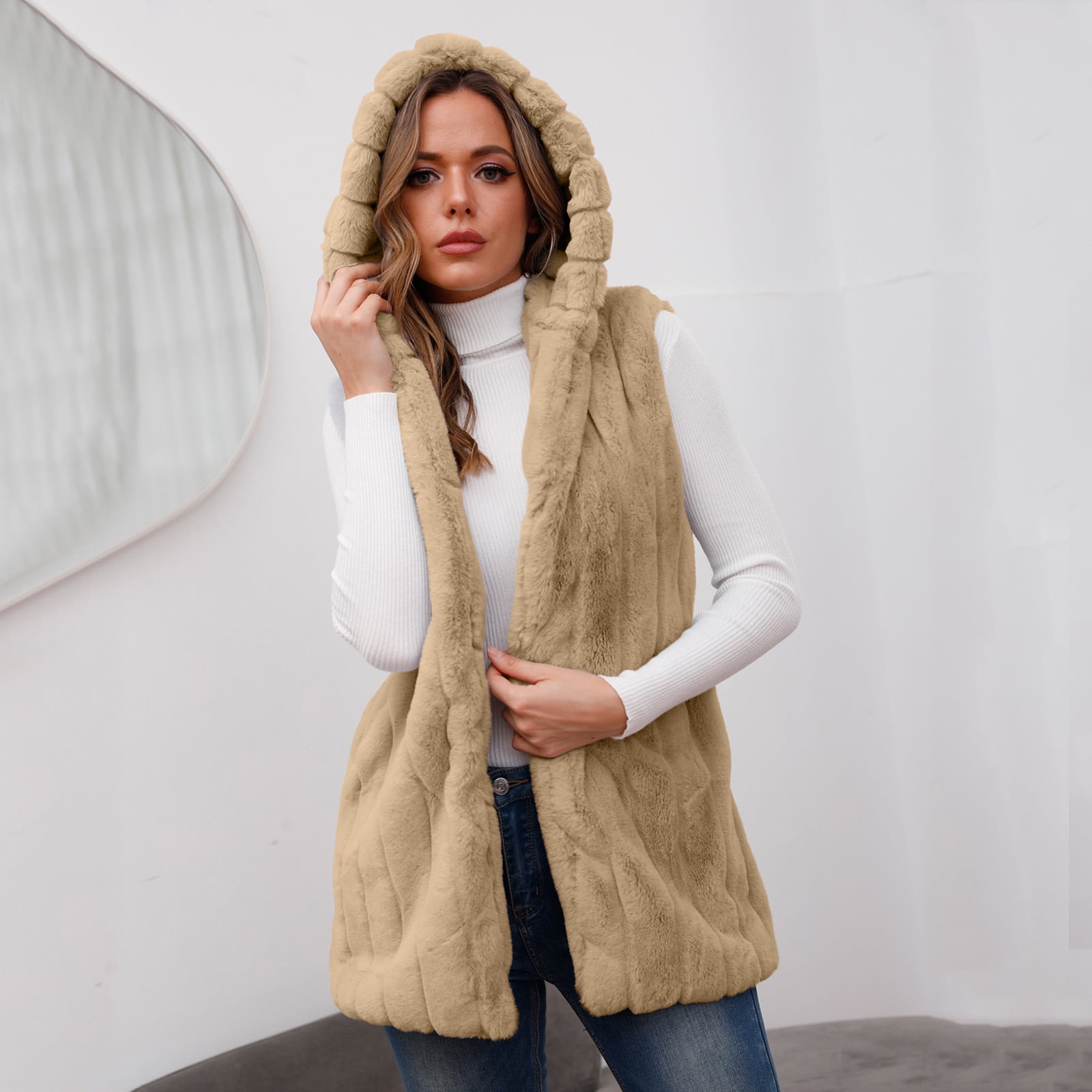 Labakihah Coats For Women Womens -Fur' Short Hooded Vest Sleeveless ...