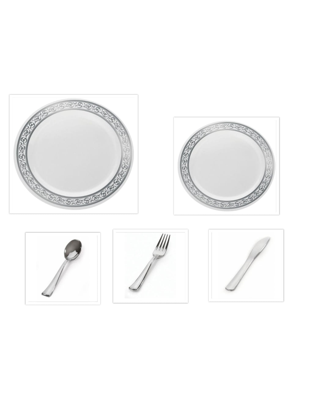 Decorline White w/Silver Rim China-Like Plastic 9" Dinner Plates + 7 ...