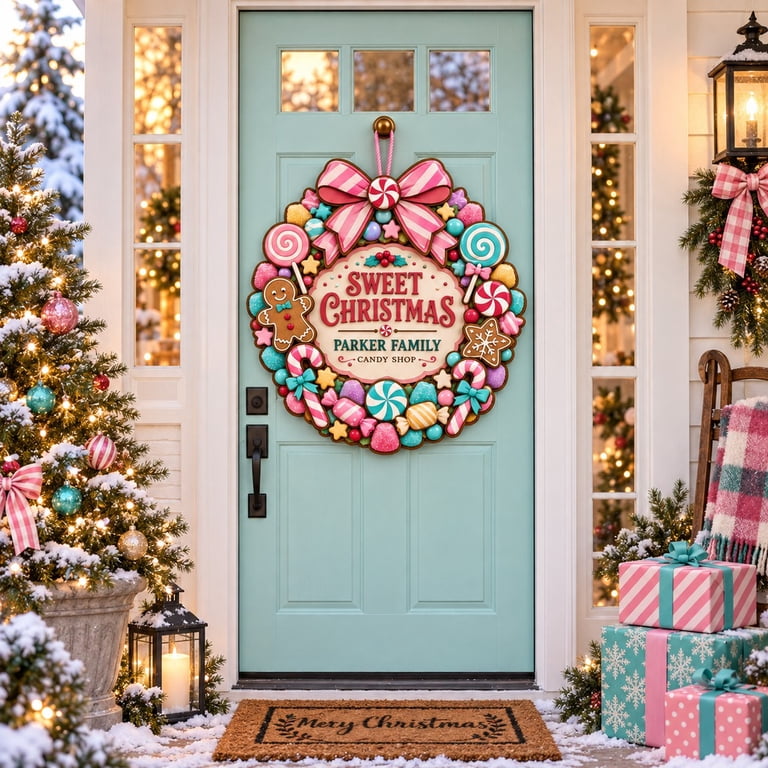 Personalized Christmas Candy Shop Wreath Wooden Sign Door Hanger ...