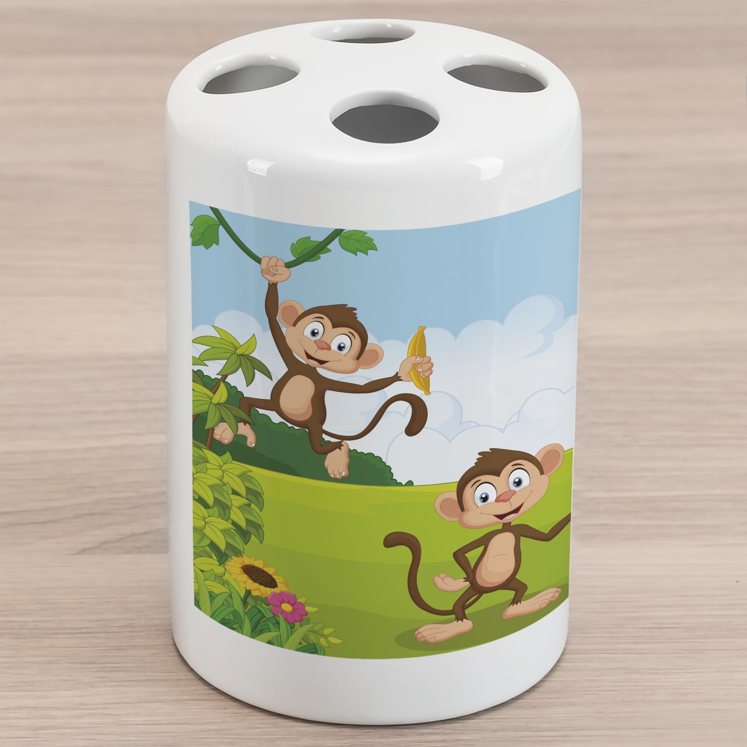 Cartoon Ceramic Toothbrush Holder, 3 Monkeys Playing in a Tropical ...