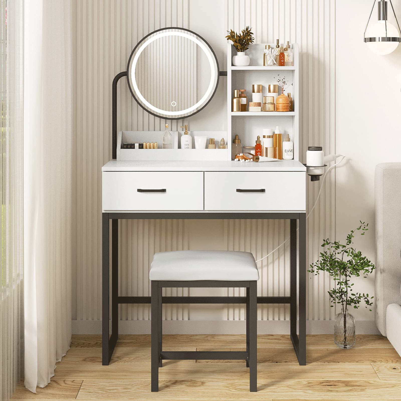 Veanerwood Makeup Vanity Desk with Lights and Round Mirror, Bedroom ...