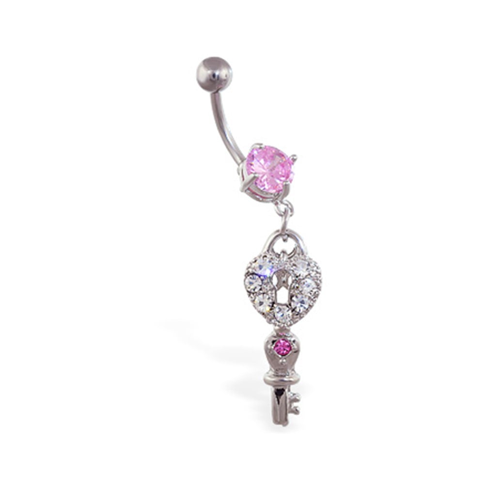 Navel Ring With Dangling Jeweled Heart Lock And Key,Pink - D - Walmart.com